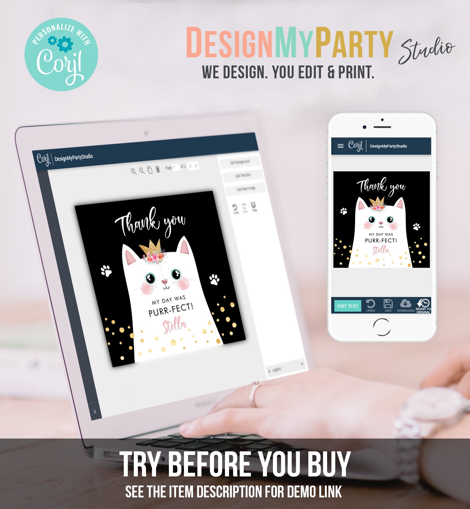 Editable Kitten Party Favor Tags Kitty Birthday Thank you Tags | Etsy