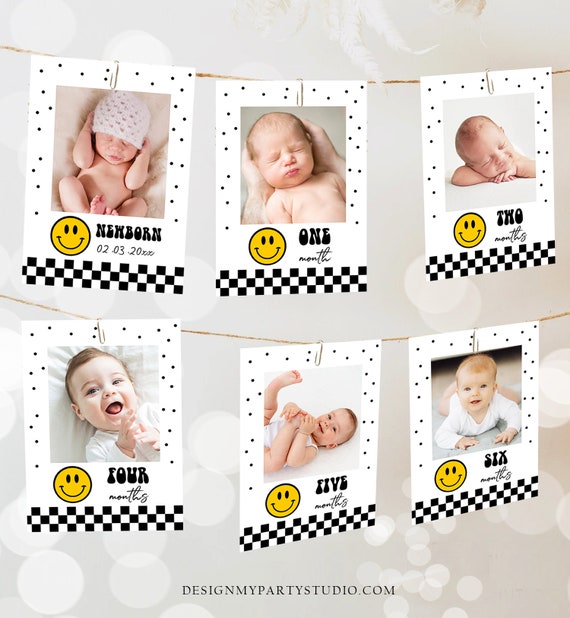 Editable First Year Photo Banner Happy Face Monthly Photo Banner First ...