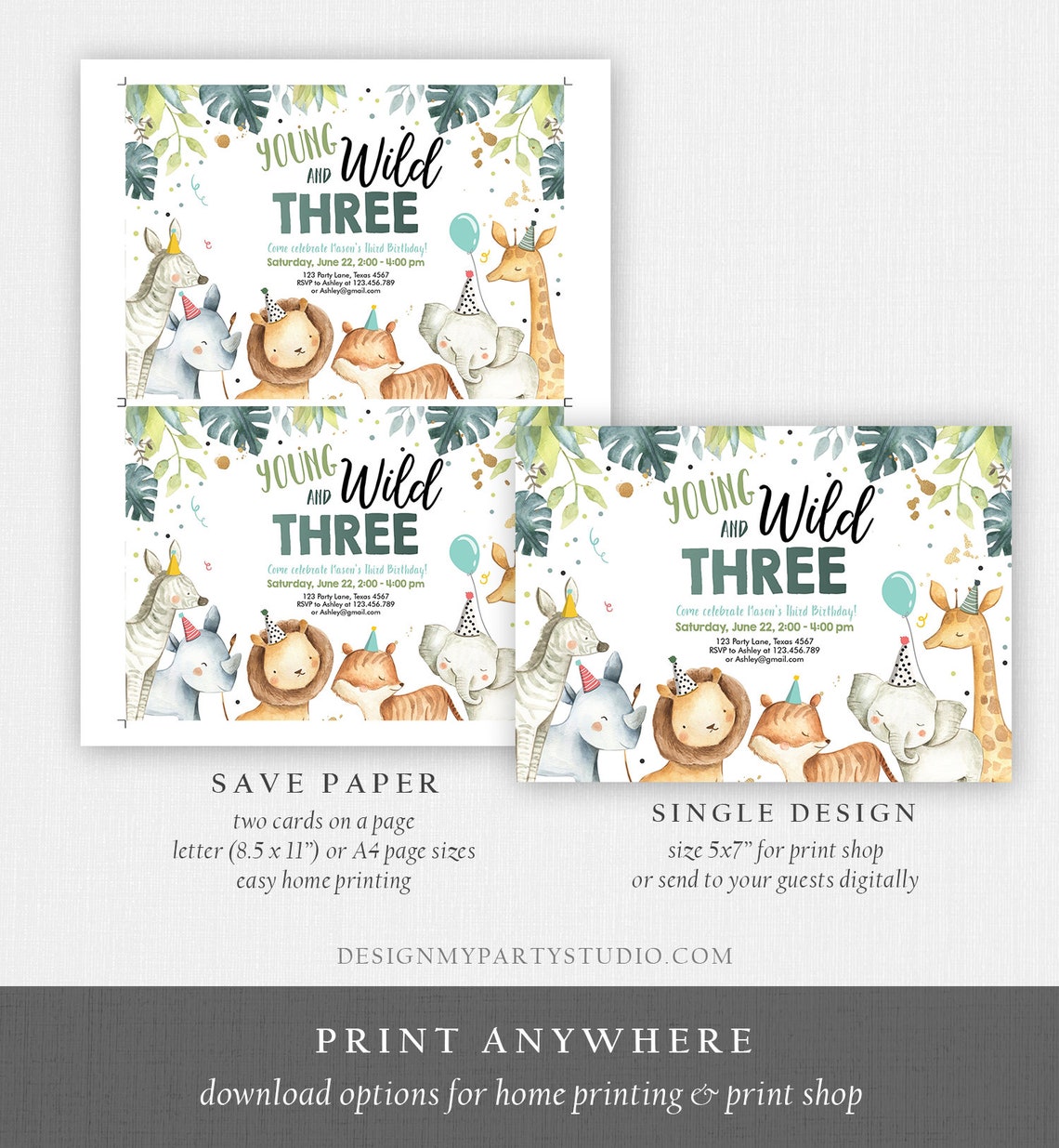Editable Young Wild and Three Invitation Boy Green and Gold - Etsy