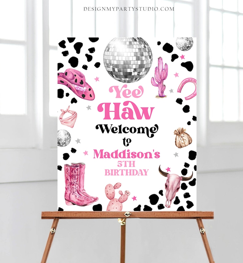 Editable Space Cowgirl Welcome Sign Disco Cowgirl Birthday Door Sign ...