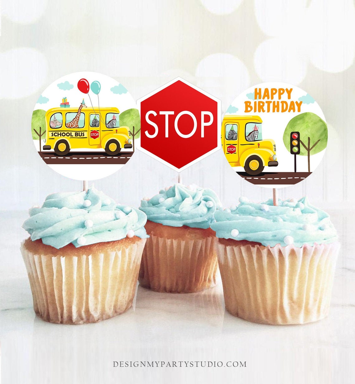 Wheels on the Bus Cupcake Toppers Favor Tags Birthday Party - Etsy