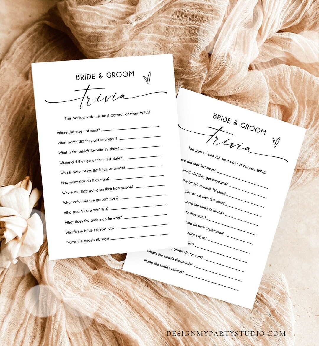 Editable Bride and Groom Trivia Bridal Shower Game Minimalist Modern ...