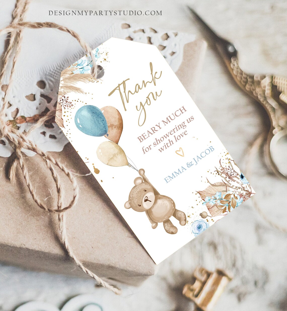 Editable Boho Teddy Bear Favor Tags Thank You Beary Much Tag - Etsy