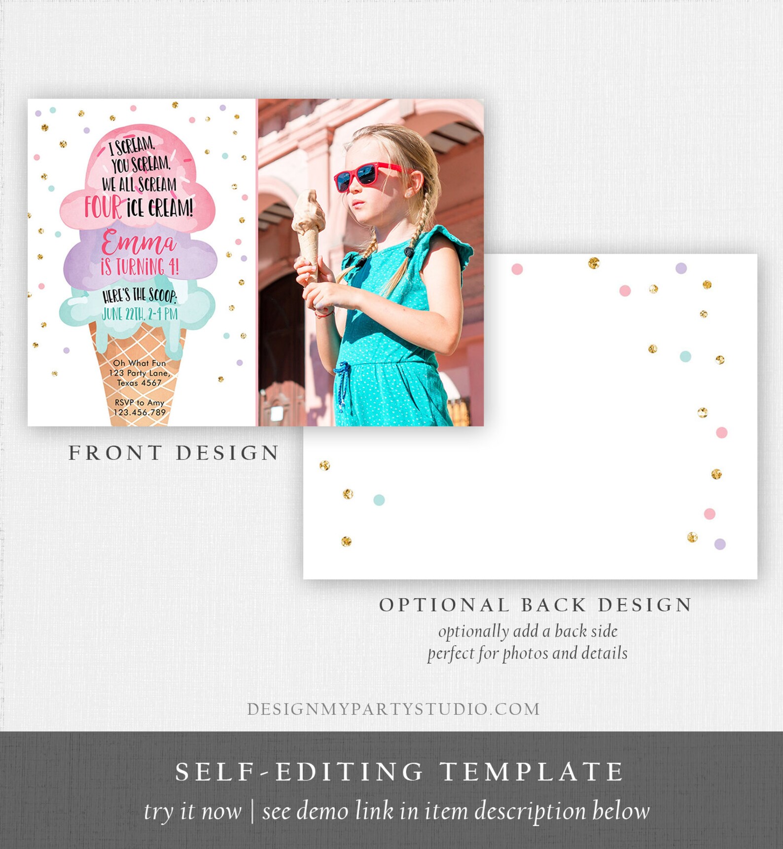 Editable Ice Cream I Scream Birthday Invitation Four Birthday - Etsy