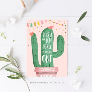 Editable Cactus Fiesta Birthday Invitation Girl Pink First Birthday ...