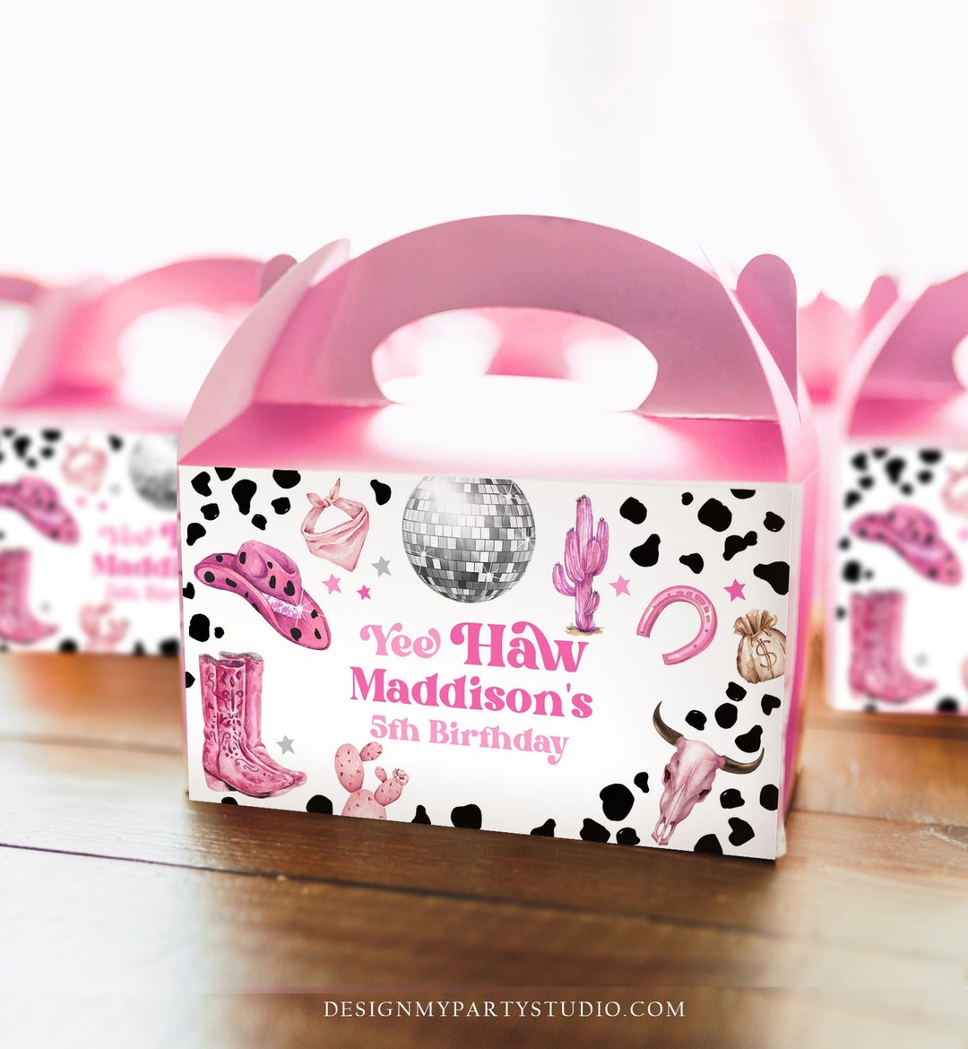 Editable Space Cowgirl Birthday Party Gable Box Favor Label Disco ...