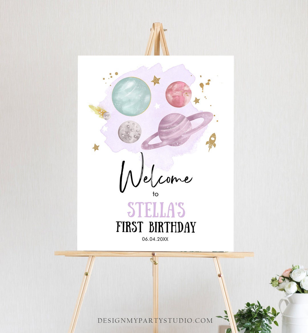 Editable Outer Space Birthday Welcome Sign 1st Birthday Girl Purple ...