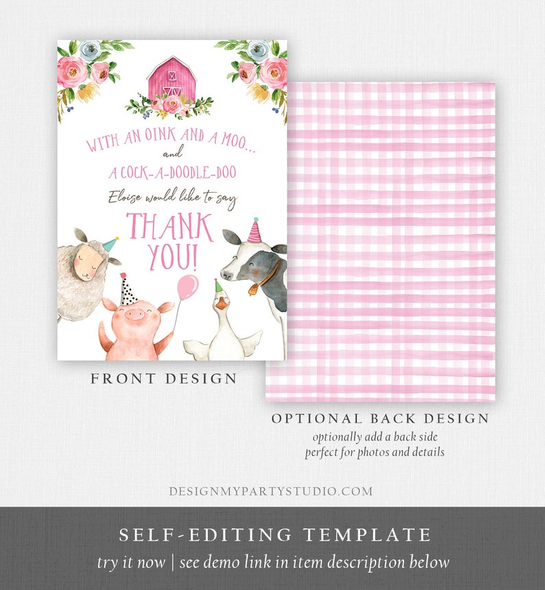 Editable Farm Animals Thank You Card Pink Gingham Farm - Etsy