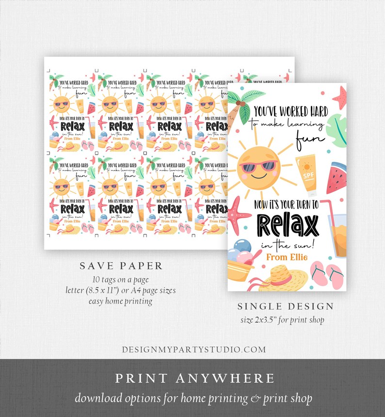 Editable Summer Teacher Appreciation Gift Tag Kids Your Turn to Relax ...