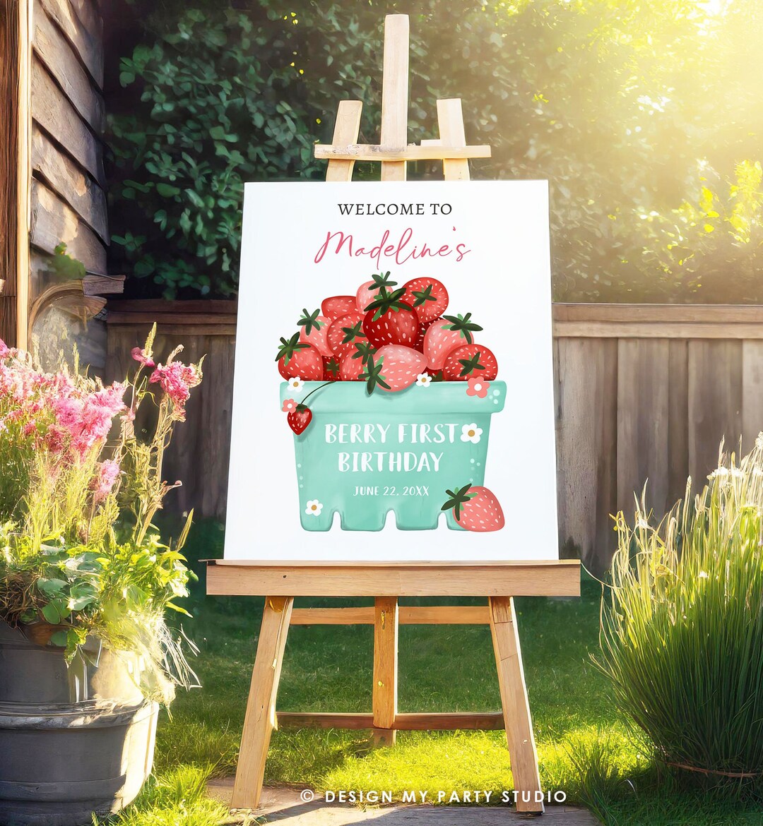 Editable Strawberry Welcome Sign Strawberry Birthday Party Welcome ...