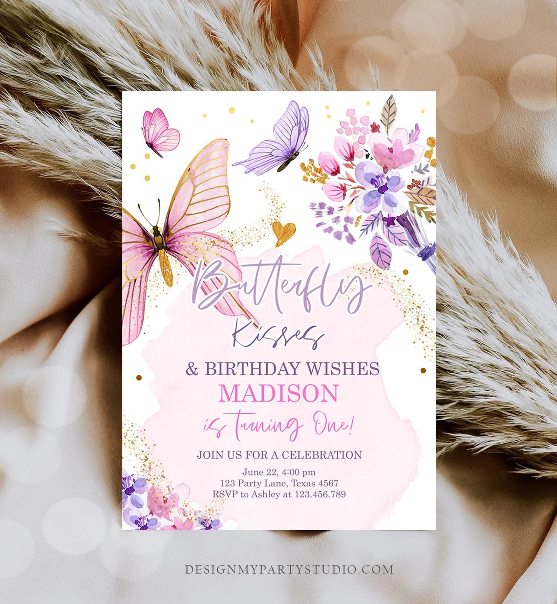 Editable Butterfly Birthday Invitation Girl Butterfly Kisses - Etsy