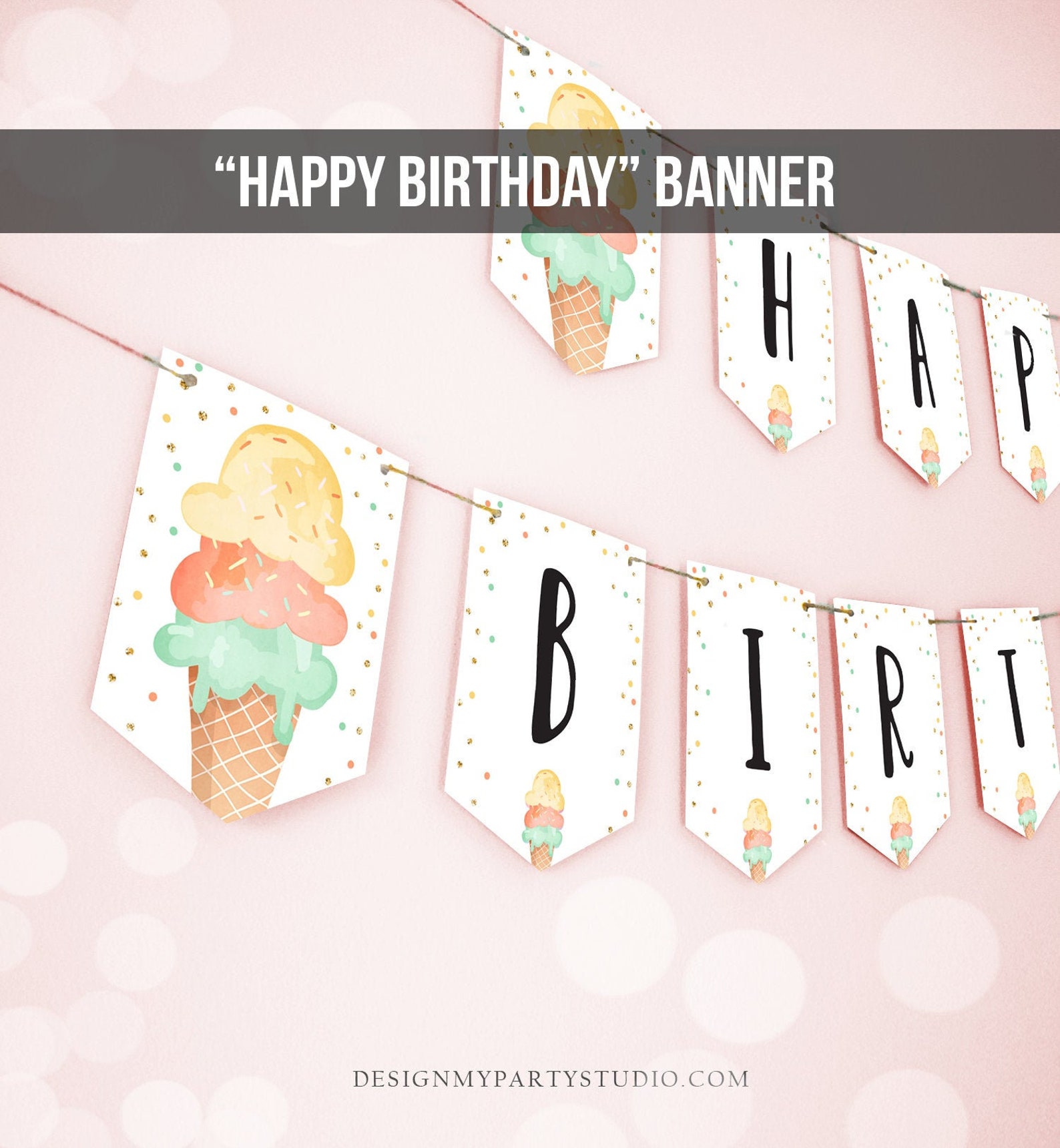 Happy Birthday Banner Ice Cream Birthday Party Mint Ice Cream - Etsy