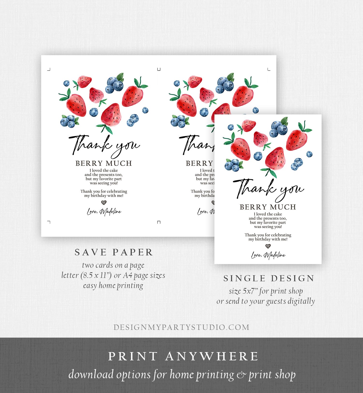 Editable Blueberry Strawberry Thank You Card Berry First Birthday Berry ...