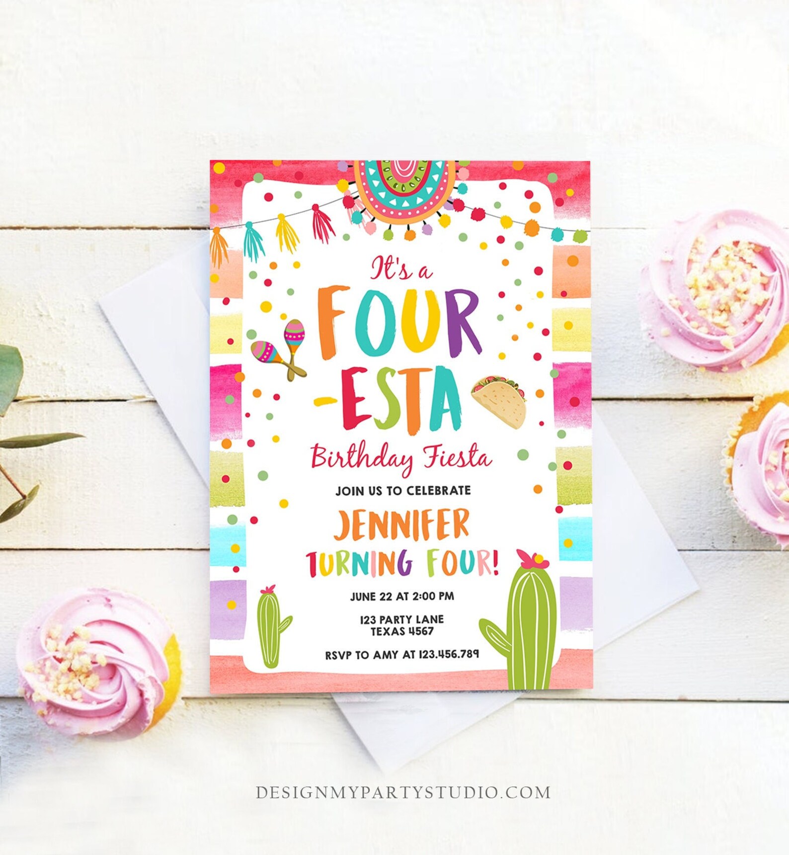 Editable Four-esta Fiesta Birthday Invitation 4th Birthday Four Cactus ...