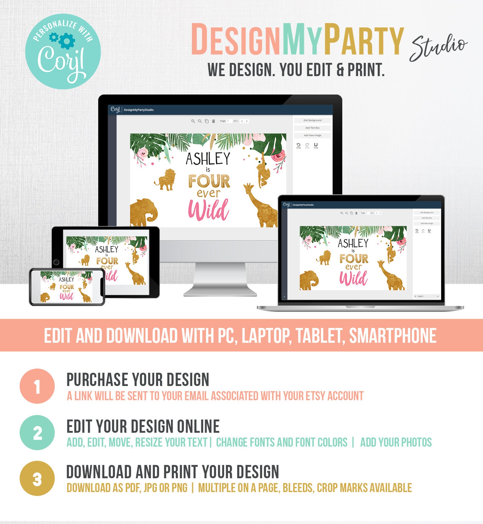 Editable Safari Animals Birthday Backdrop Banner Girl Pink - Etsy