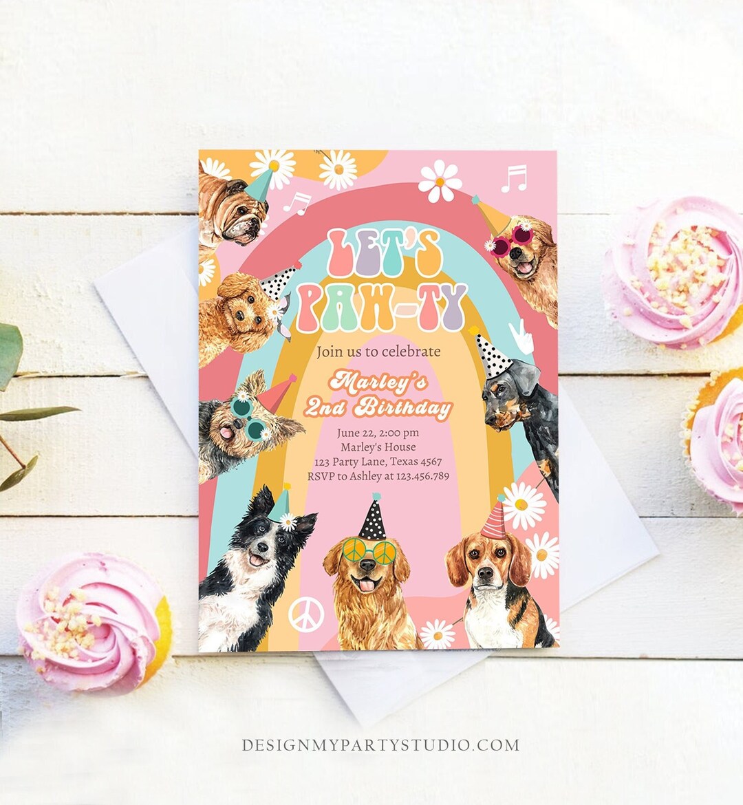 Editable Groovy Dog Birthday Party Invitation Retro Groovy Puppy Girl ...