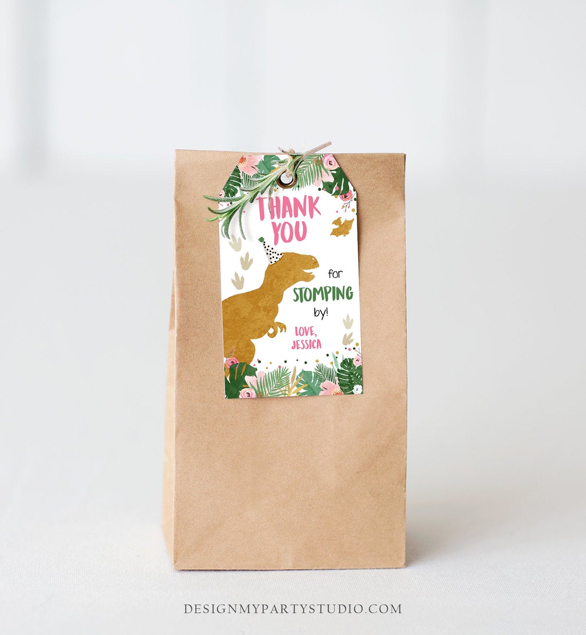Editable Dinosaur Favor Tags Gift Tag Girl Pink Gold Thank You - Etsy