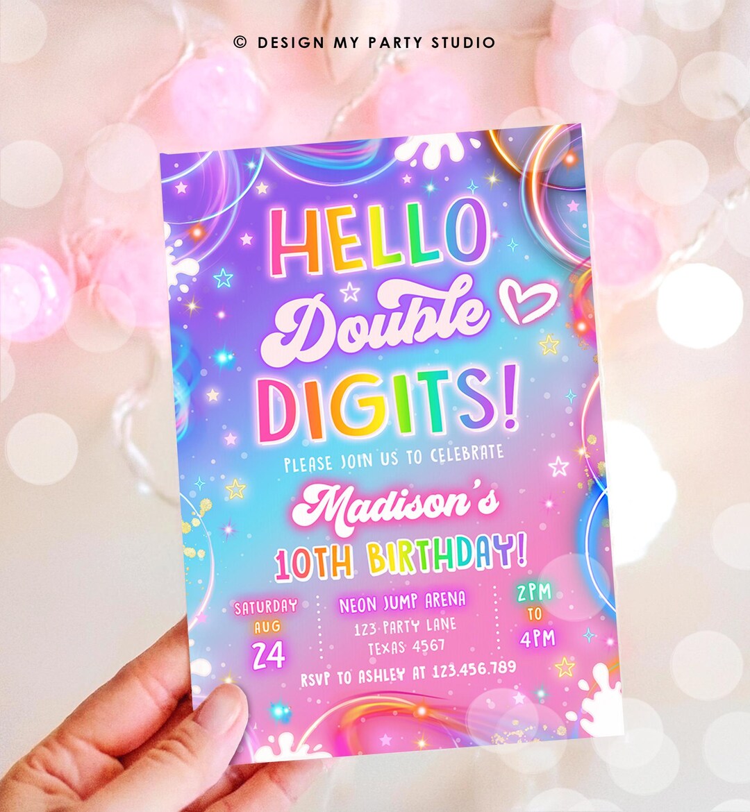 Editable Hello Double Digits Birthday Invitation Neon Glow Disco Girl ...