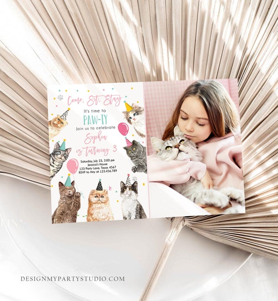 Editable Cat Birthday Party Invitation Kitten Birthday Invite Pink Girl ...