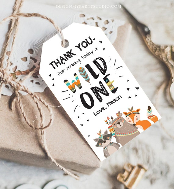 Editable Wild One Favor Tags Tags Tribal Woodland Birthday Thank you ...