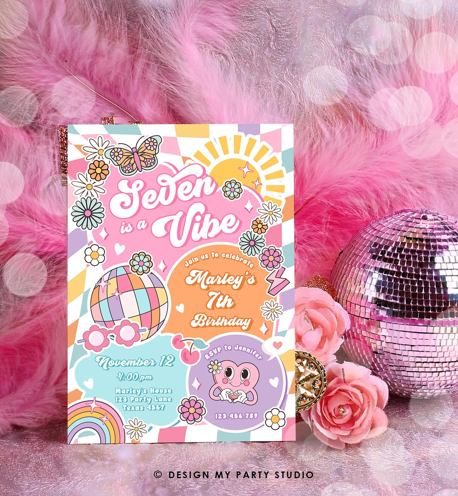 Editable Seven is a Vibe Groovy 7th Birthday Party Invitation Groovy ...