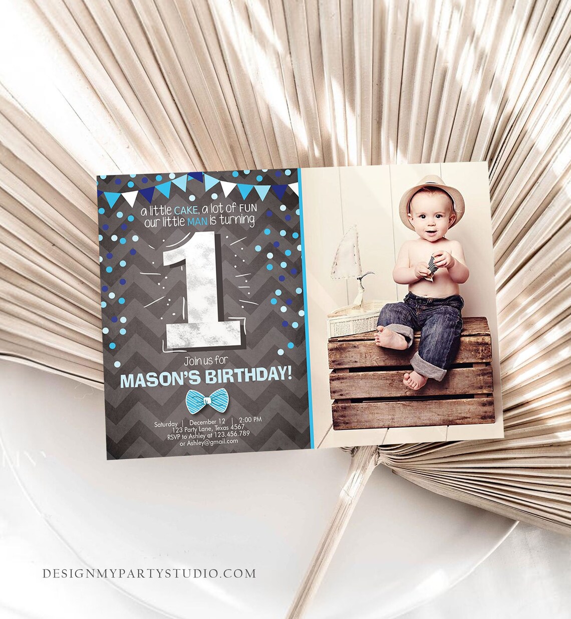 Editable First Birthday Invitation Boy One Navy Blue Chalk Confetti Boy ...
