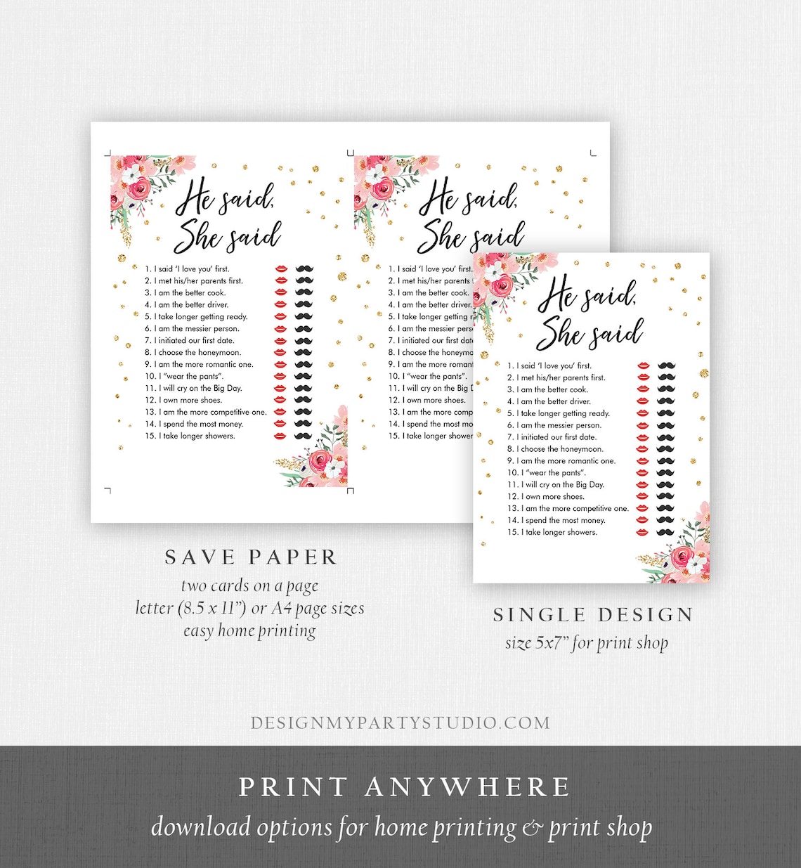 Editable He Said She Said Bridal Shower Game Floral Bride or | Etsy