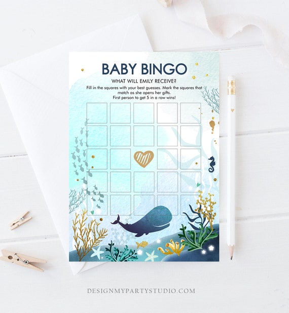 Editable Baby Bingo Game Whale Nautical Baby Shower Game Ocean Coral ...