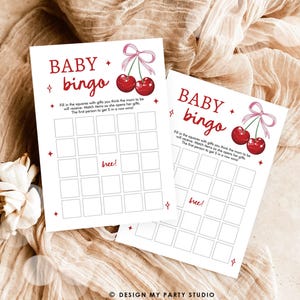 Editable Baby Bingo Baby Shower Game Card Cherry Baby Shower Pink Bow ...
