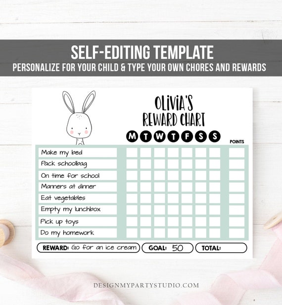Editable Bunny Reward Chart for Girls Printable Animal Chore Chart for ...
