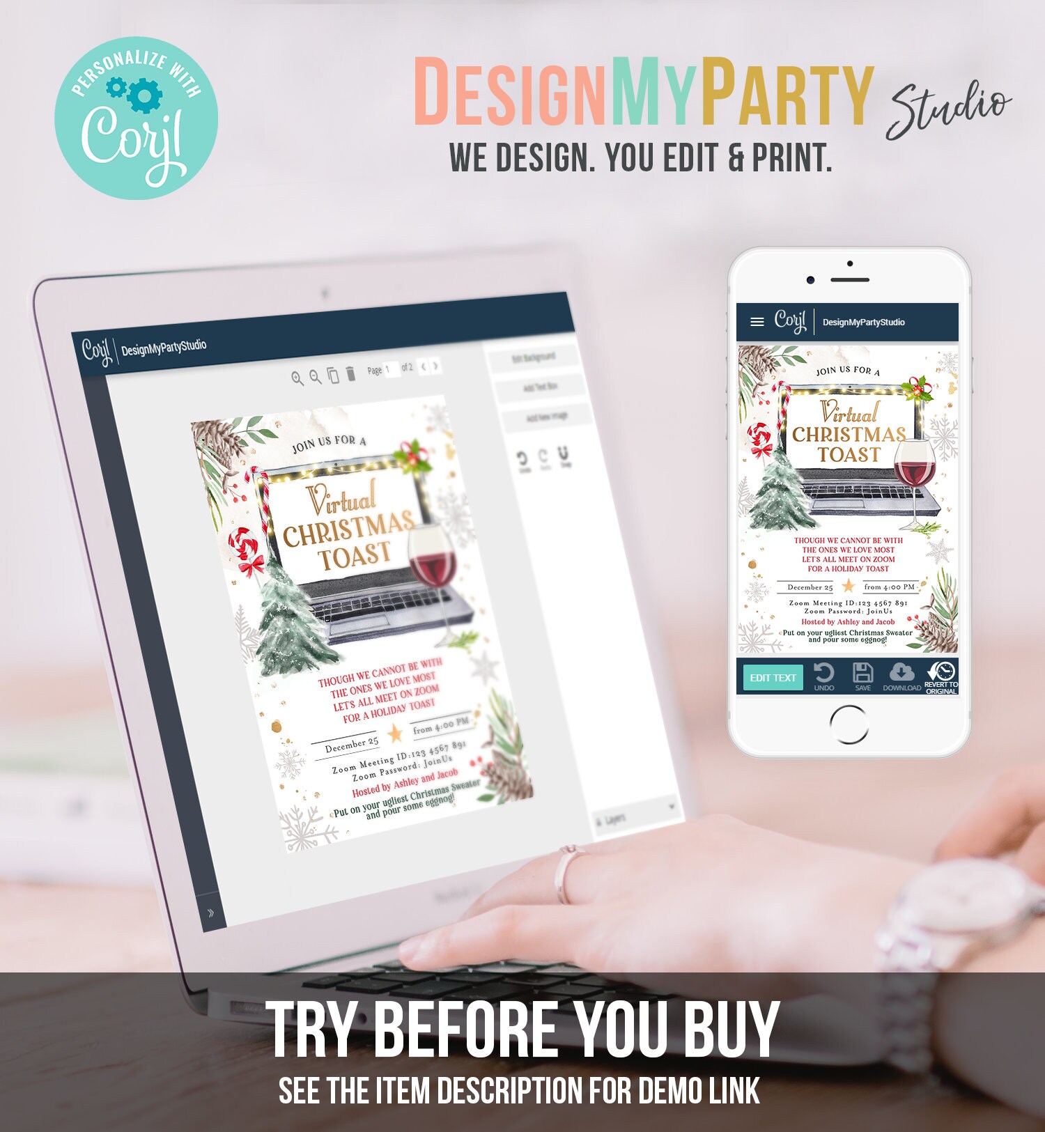Editable Virtual Christmas Toast Invitation Christmas Party Zoom Invite ...