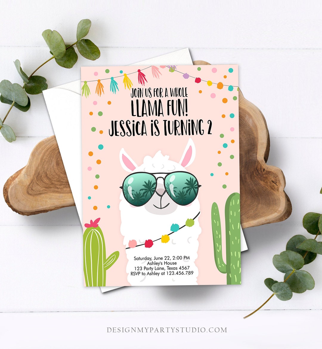 Editable Whole Llama Fun Birthday Invitation Llama Fiesta Cactus ...
