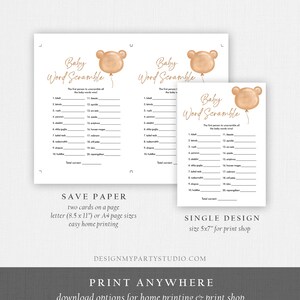 Editable Word Scramble Baby Shower Game Modern Bear Cute Teddy Bear Baby Shower Boho Bearly Wait ...