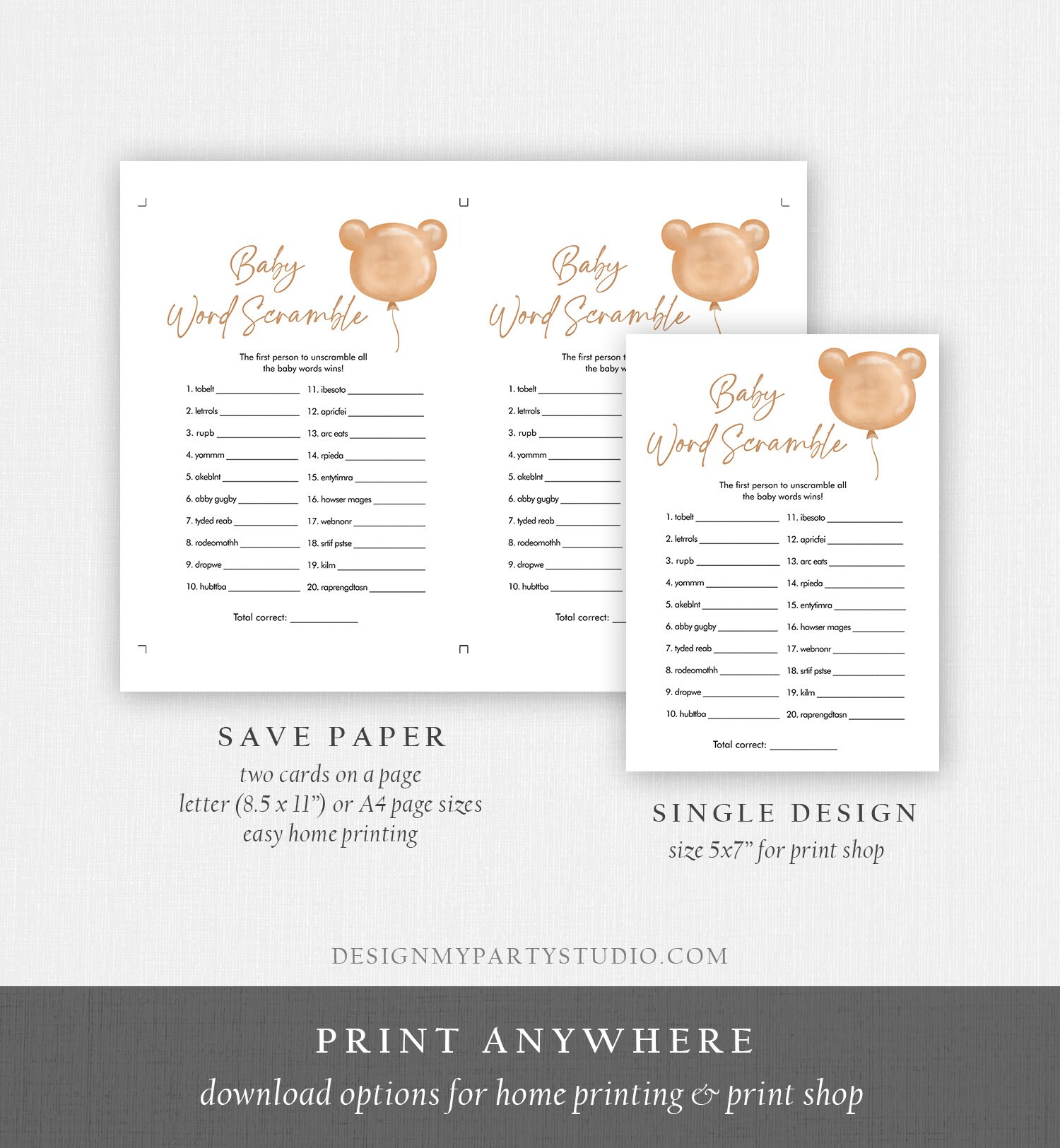 Editable Word Scramble Baby Shower Game Modern Bear Cute Teddy Bear ...
