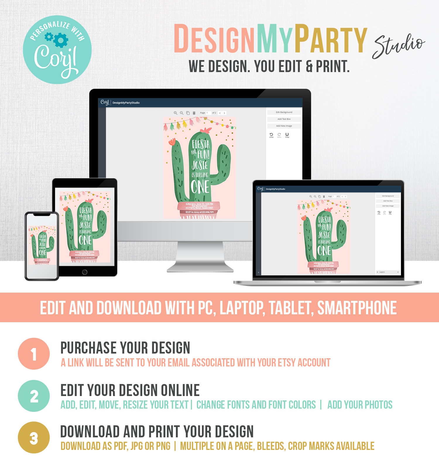 Editable Cactus Fiesta Birthday Invitation Girl Pink First - Etsy