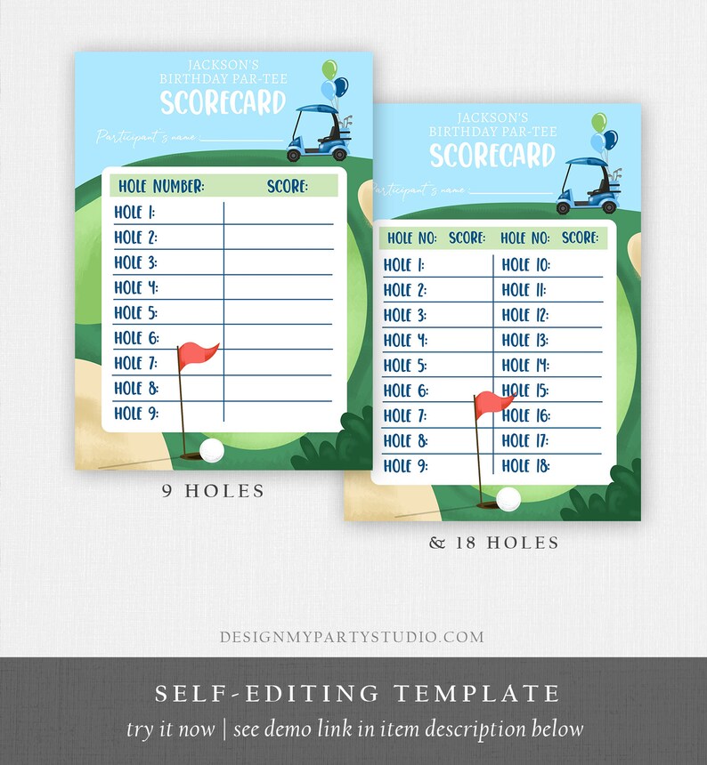 Editable Golf Score Card Birthday Par-tee Game Golfing 9 and 18 Holes ...