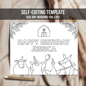 Editable Coloring Page Farm Animals Birthday Party Activity - Etsy