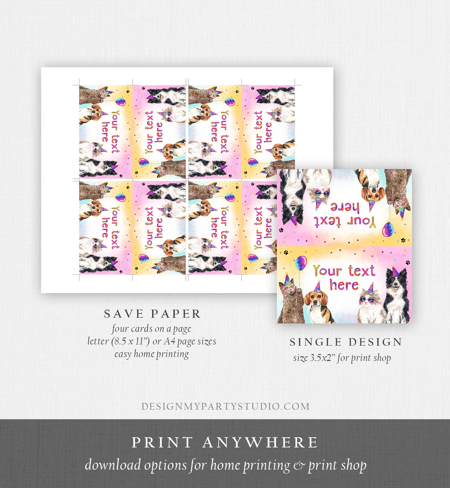 Editable Cats and Dogs Food Labels Kitten Birthday Place Card Tent Card ...