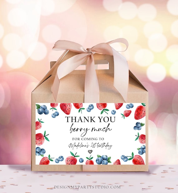 Editable Blueberry Strawberry Gable Gift Box Label 1st Birthday Berry ...