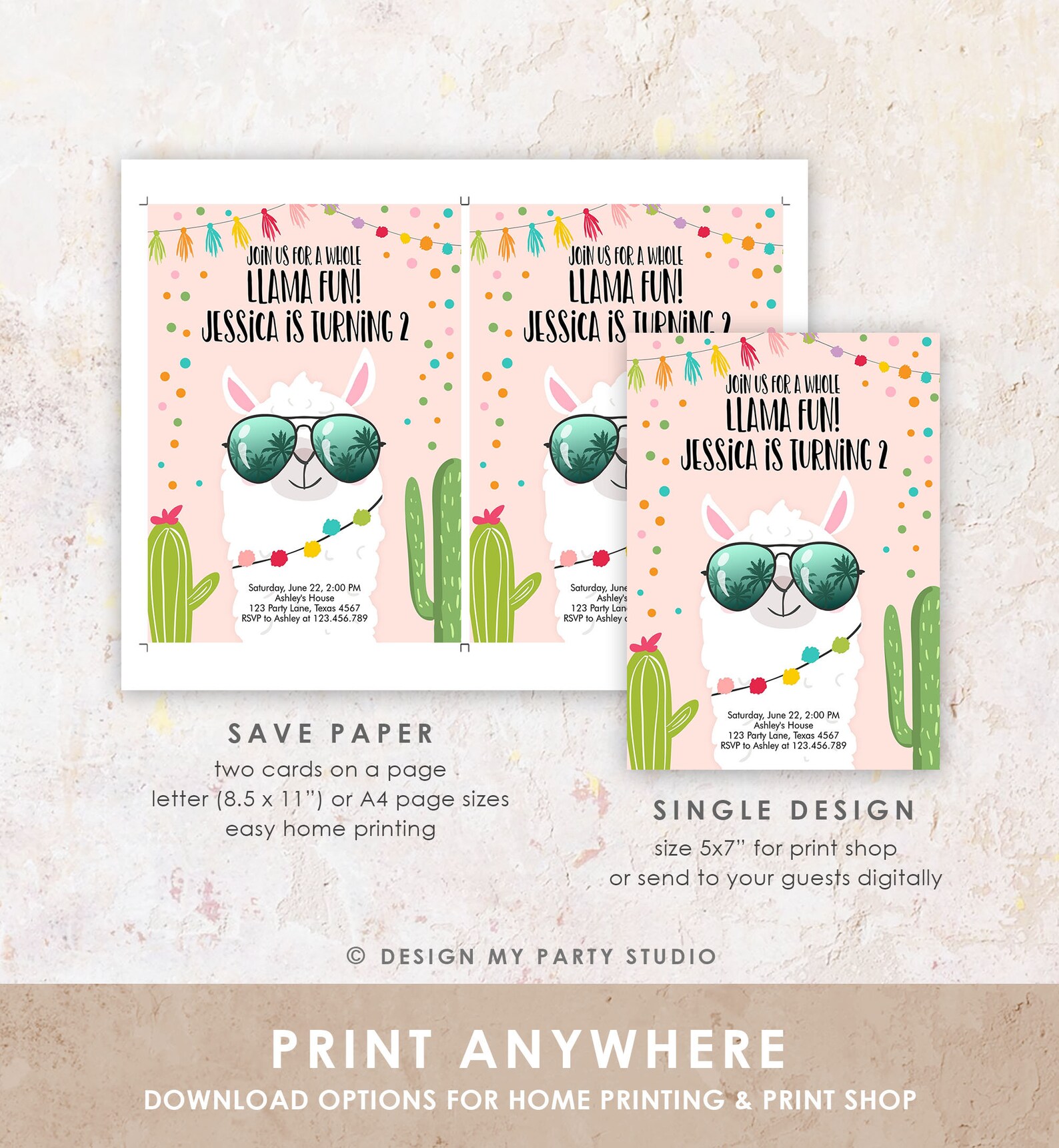 Editable Whole Llama Fun Birthday Invitation Llama Fiesta Cactus ...
