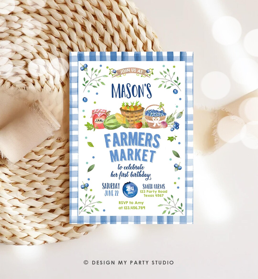 Editable Farmers Market Birthday Invitation Blueberry Strawberry Farm ...