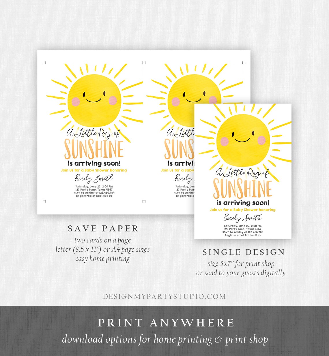 Editable Sunshine Baby Shower Invitation A Ray of Sunshine | Etsy