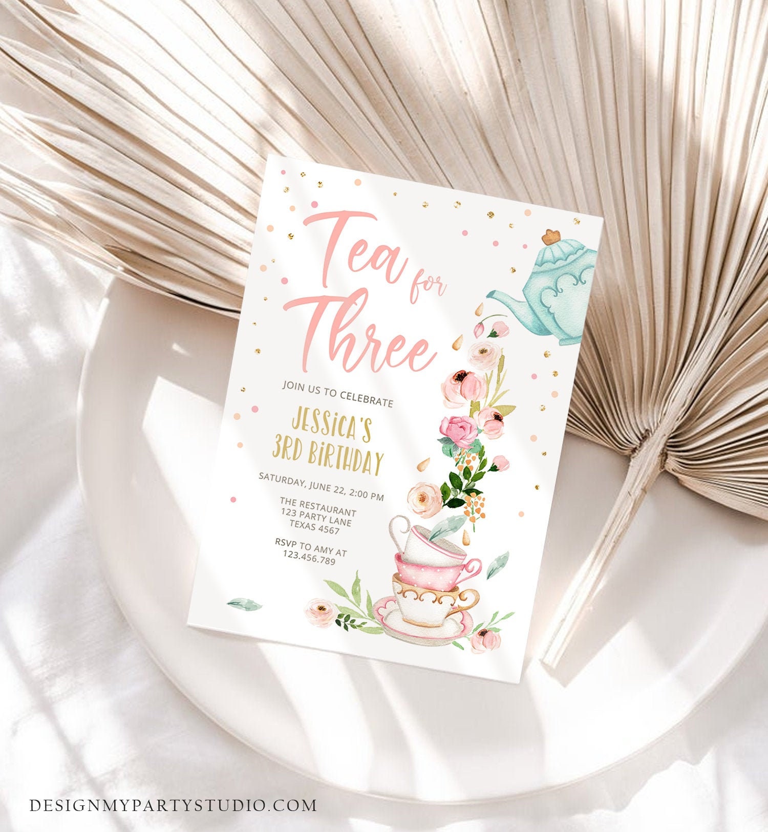 Editable Tea for Three Birthday Invitation Girl Tea Party Invite Pink ...