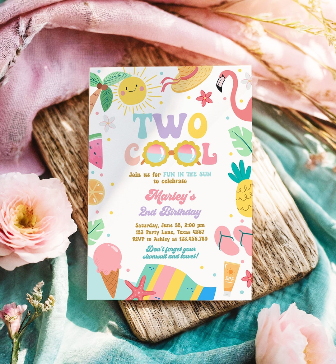 Editable Two Cool Birthday Invitation Tropical Pool Party Girl Summer ...