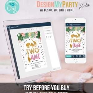 Editable Two Wild Birthday Invitation Safari Animals Jungle Zoo Wild ...