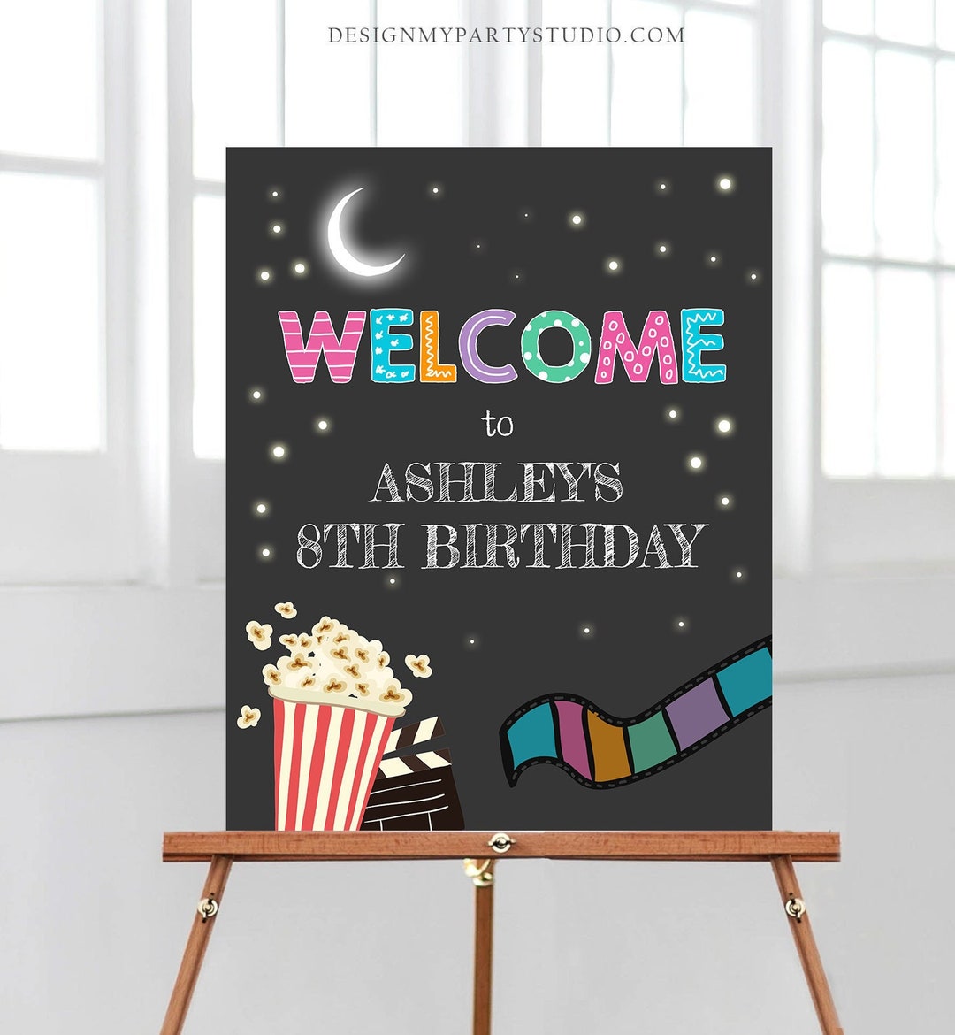 Editable Welcome Sign Movie Night Birthday Girl Movie Under the Stars ...