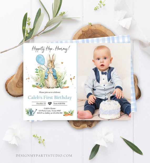 Editable Peter Rabbit Birthday Invitation Boy Blue Rustic Peter Rabbit ...
