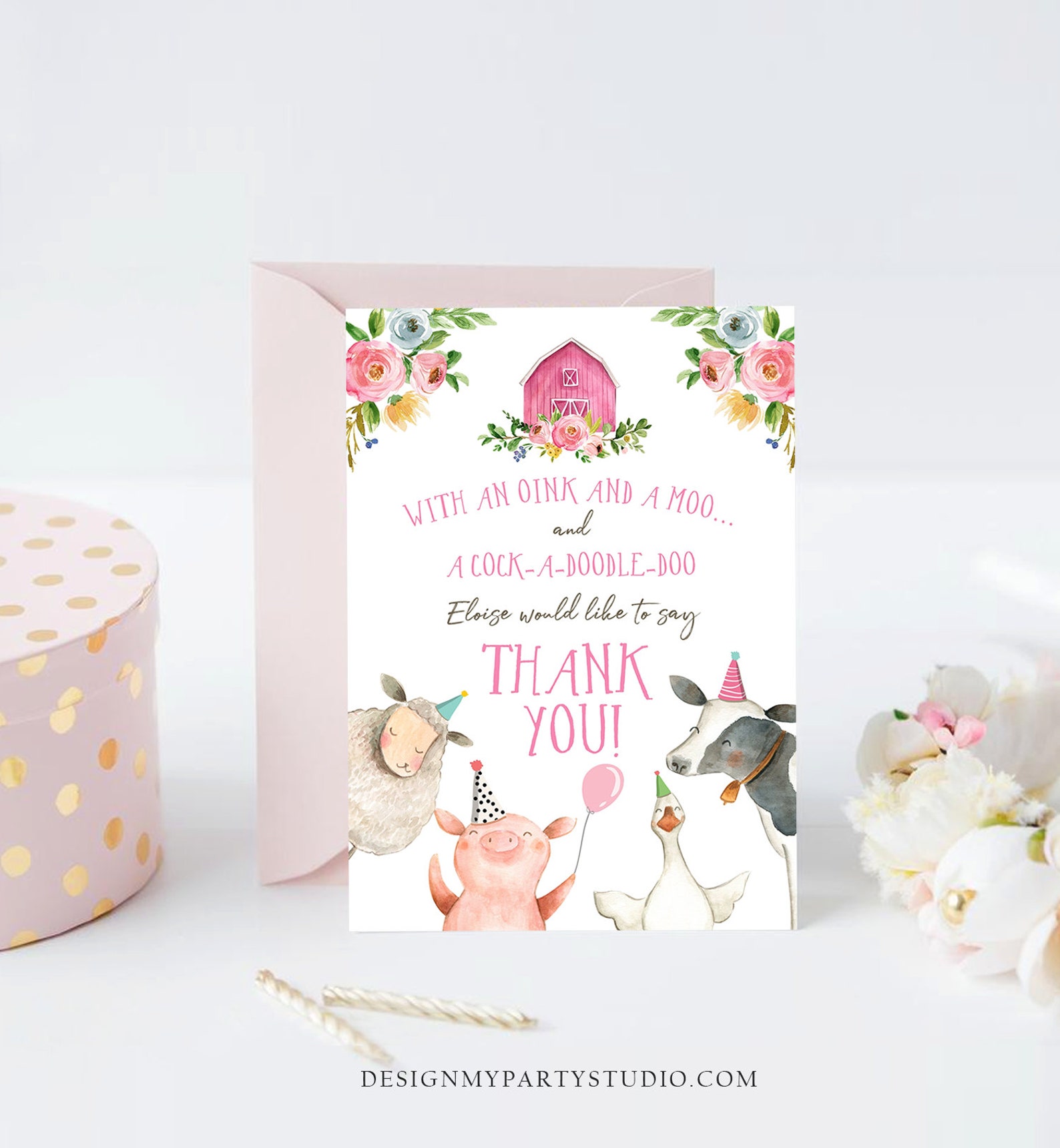 Editable Farm Animals Thank You Card Pink Gingham Farm - Etsy
