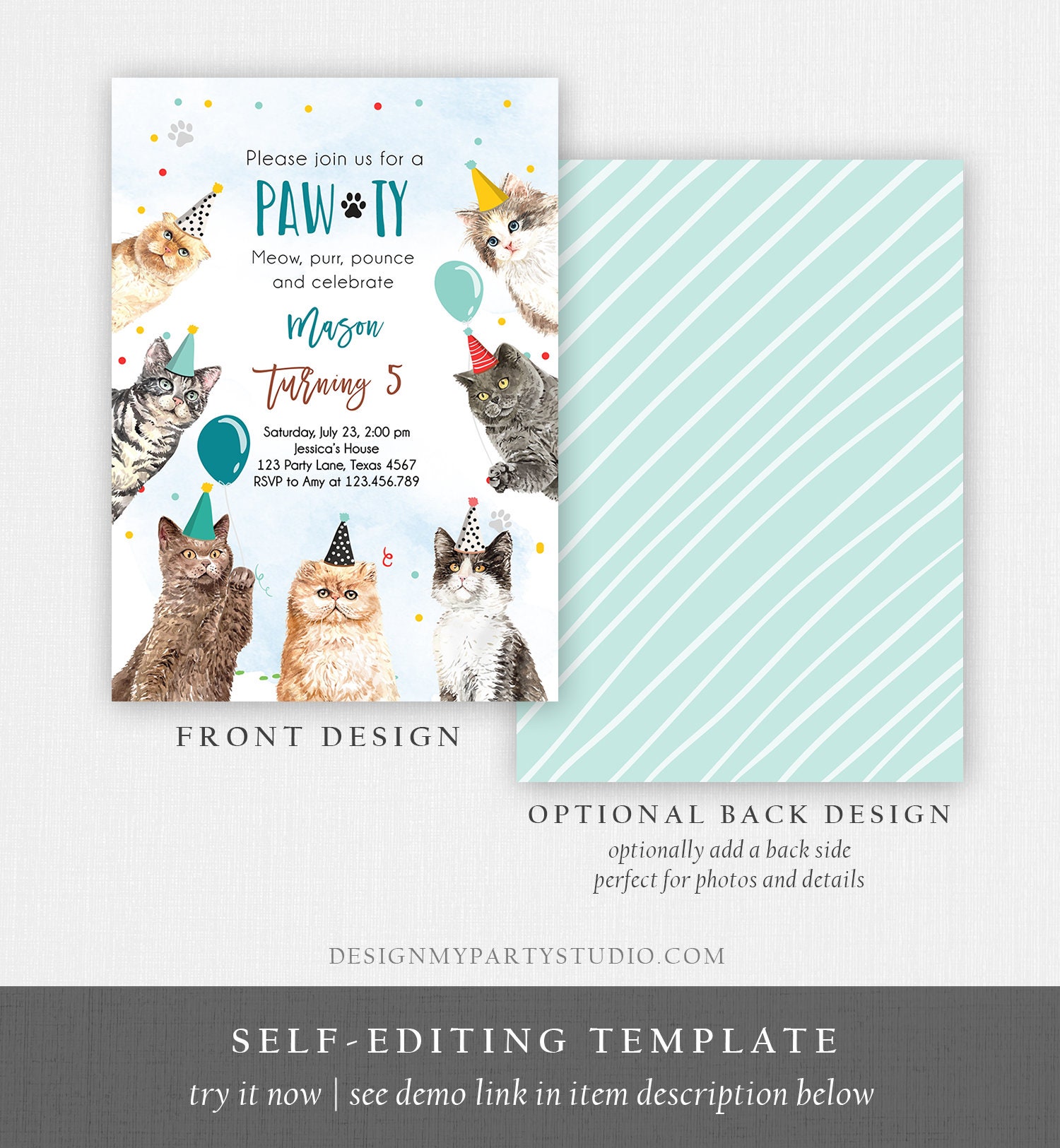 Editable Cat Birthday Party Invitation Kitten Birthday Invite - Etsy Canada