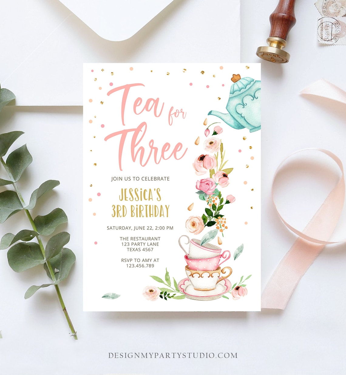 Editable Tea for Three Birthday Invitation Girl Tea Party Invite Pink ...